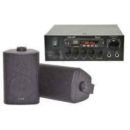 Geluidsset met compacte versterker en zwarte opbouw luidsprekers kopen?